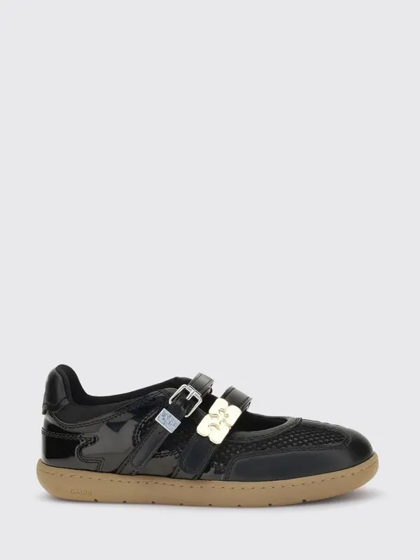 GANNI Sue Mary Jane Ballet Flats With Velcro Strap And Metallic Butterfly Logo - Black