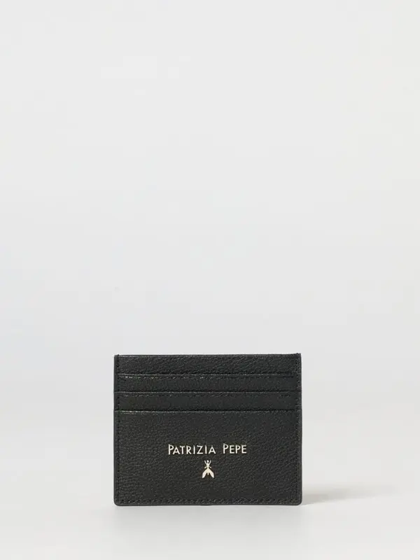 Patrizia Pepe Flat Grained Leather Card Holder With Seven Slots And Lettering Logo - Black