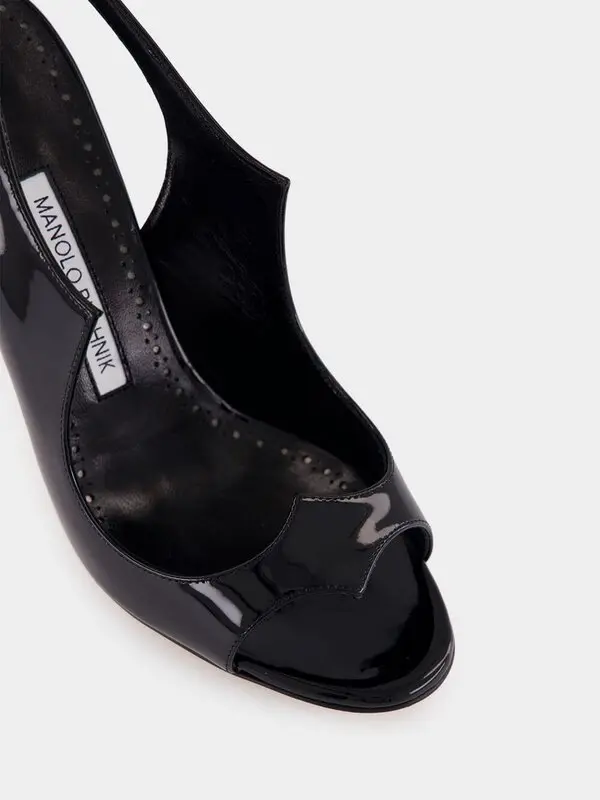 Manolo Blahnik Patent Leather Slingback Stiletto Sandals - Black