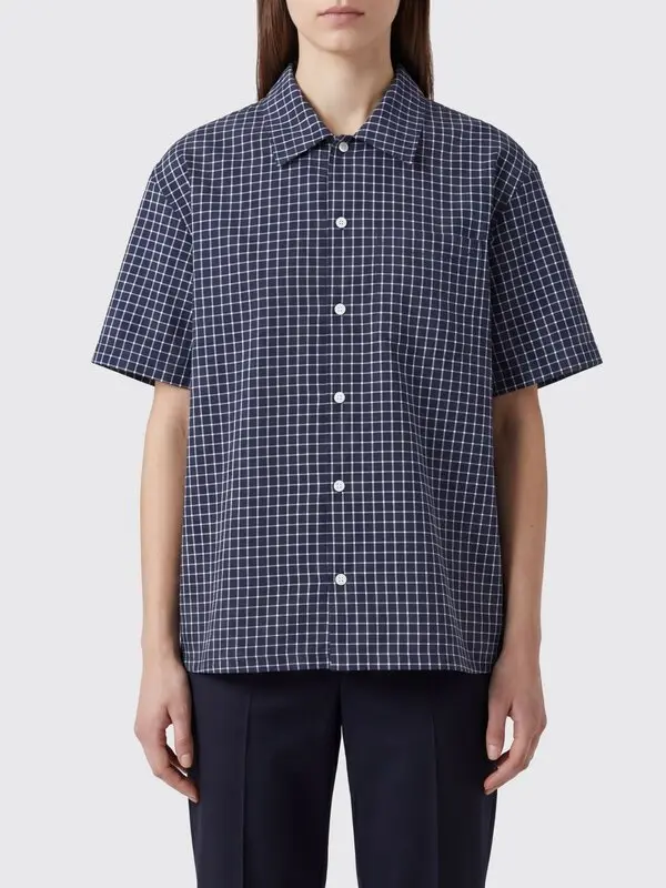 DUNST Check Pattern Cotton-blend Shirt With Patch Pocket And Dropped Shoulders - Blue
