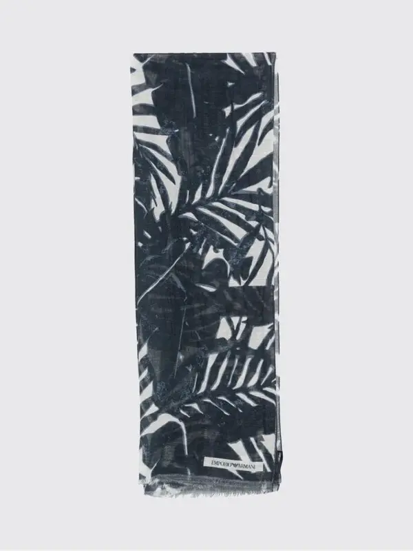 Emporio Armani Tropical Print Linen Blend Scarf With Fringed Edges - Blue