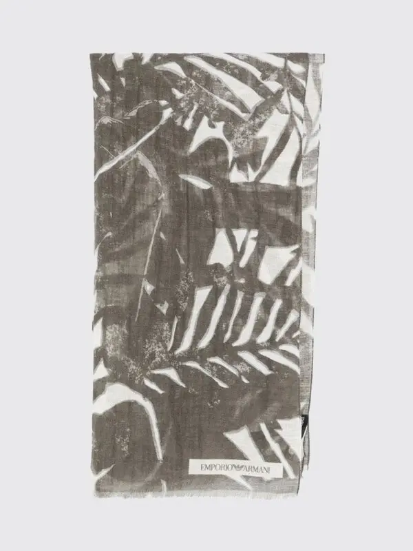 Emporio Armani Tropical Print Linen Blend Scarf With Fringed Edges - Brown