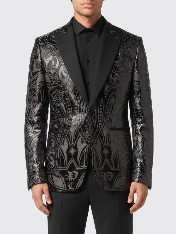 Philipp Plein Single-breasted Blazer With Crystal Monogram And Peak Lapels