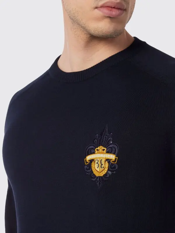 BILLIONAIRE Crewneck Cotton Sweater With Contrasting Logo - Blue