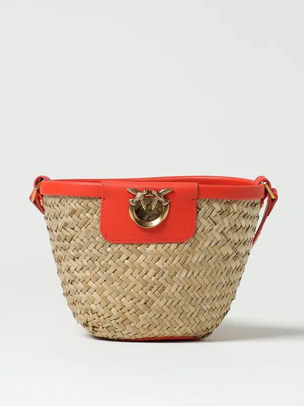 Pinko Straw Bucket Bag With Leather Trim - Red
