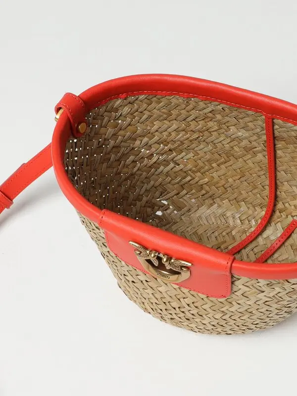 Pinko Straw Bucket Bag With Leather Trim - Red