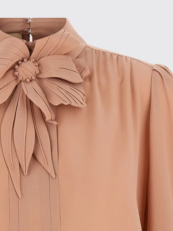 Valentino Garavani Pussy-bow Silk Shirt With Floral Appliqu