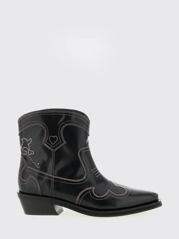 GANNI Embroidered Leather Ankle Boots - Black