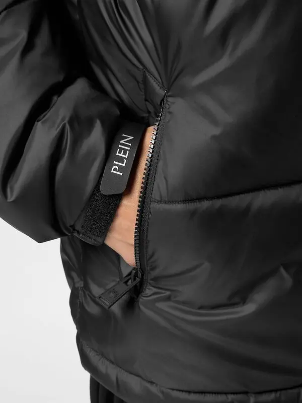 PLEIN SPORT Short Quilted Technical Fabric Puffer Jacket With High Neck - Black