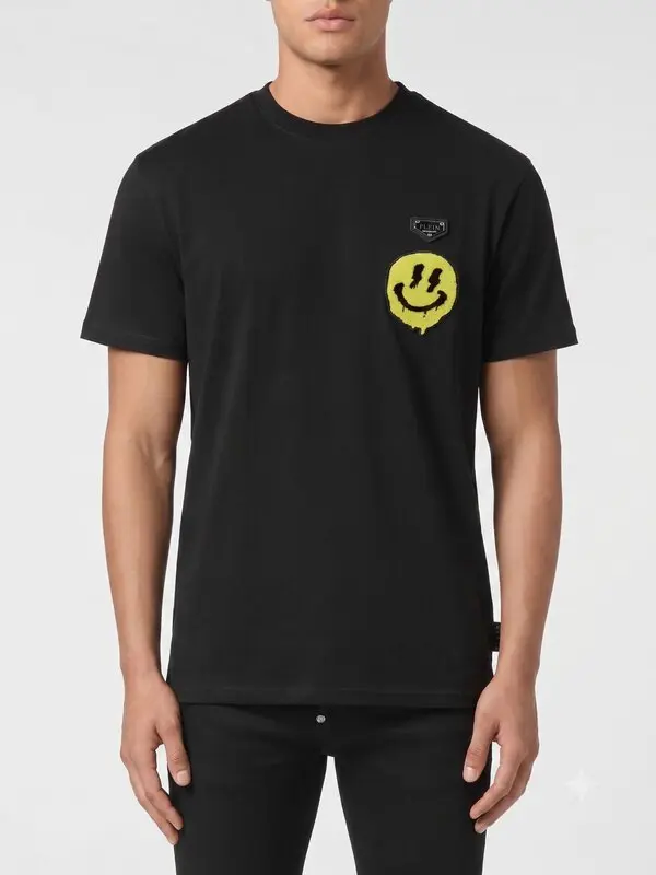 Philipp Plein Cotton T-shirt With Contrasting Logo Patch And Dropped Shoulders - Black