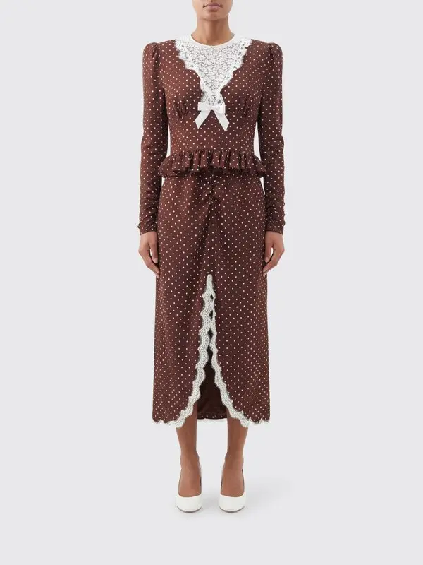 Alessandra Rich Polka Dot Silk Midi Dress - Brown