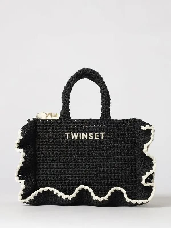 TWINSET Crochet Tote Bag With Embroidered Logo And Ruffle Trim - Black