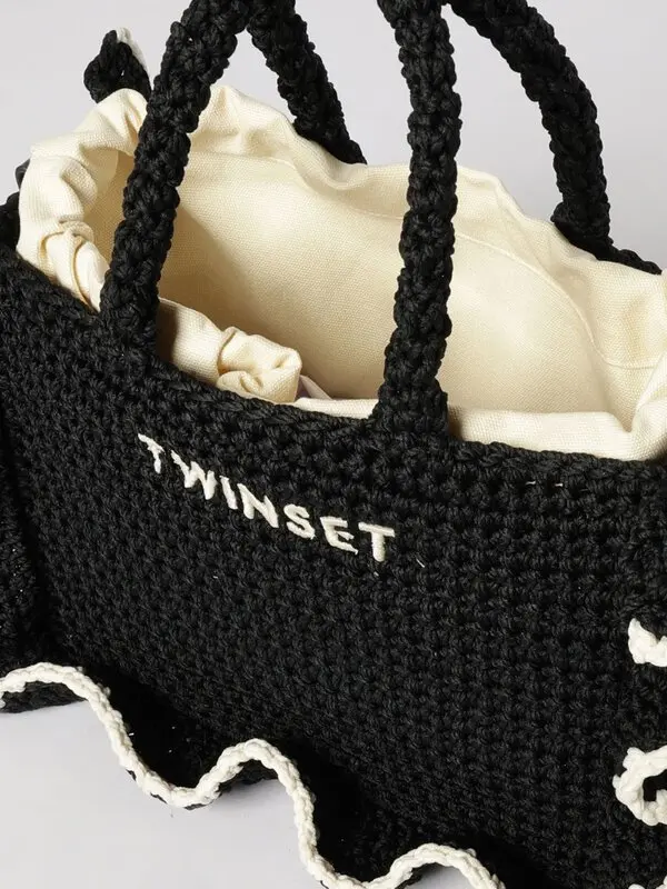 TWINSET Crochet Tote Bag With Embroidered Logo And Ruffle Trim - Black