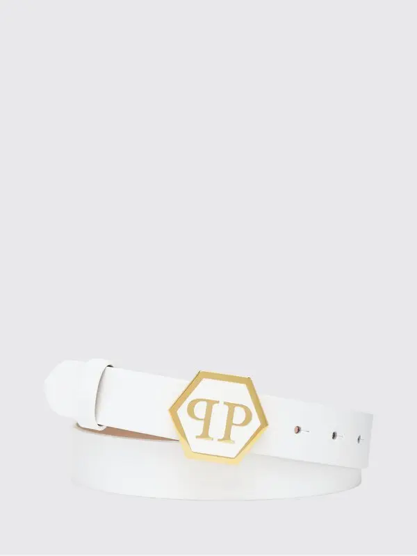 Philipp Plein Smooth Leather Belt With Hexagon Monogram Buckle - White