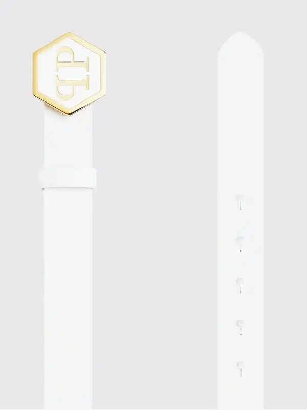 Philipp Plein Smooth Leather Belt With Hexagon Monogram Buckle - White