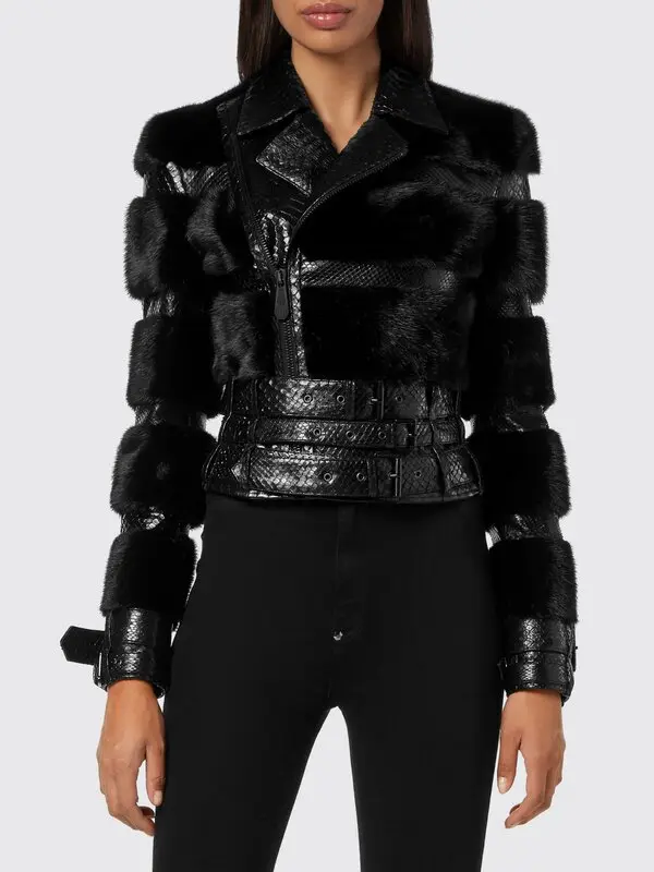 Philipp Plein Snakeskin Biker Jacket With Mink Fur Details