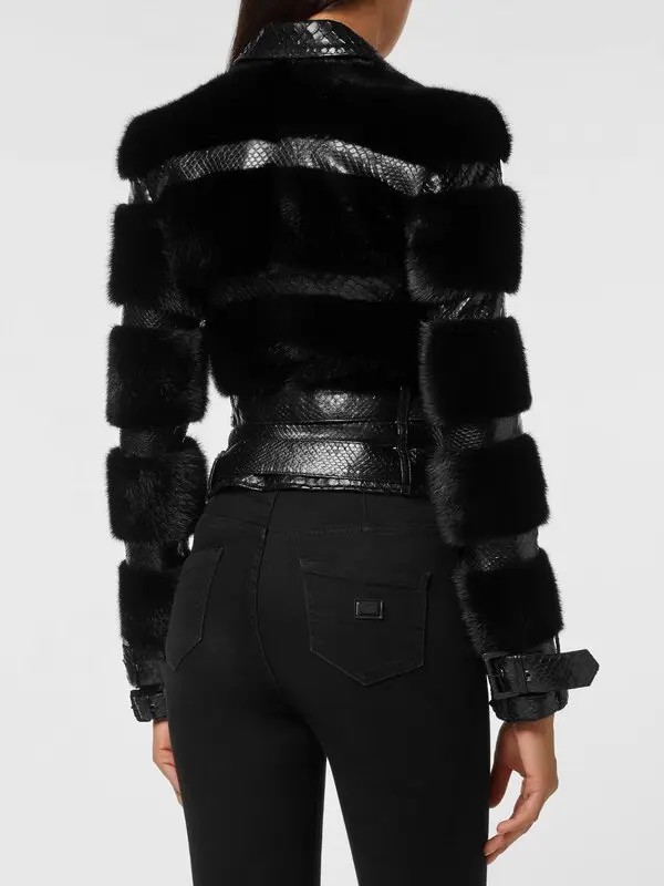 Philipp Plein Snakeskin Biker Jacket With Mink Fur Details