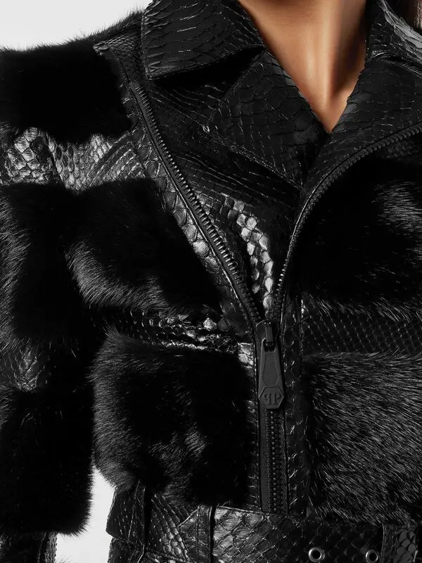 Philipp Plein Snakeskin Biker Jacket With Mink Fur Details