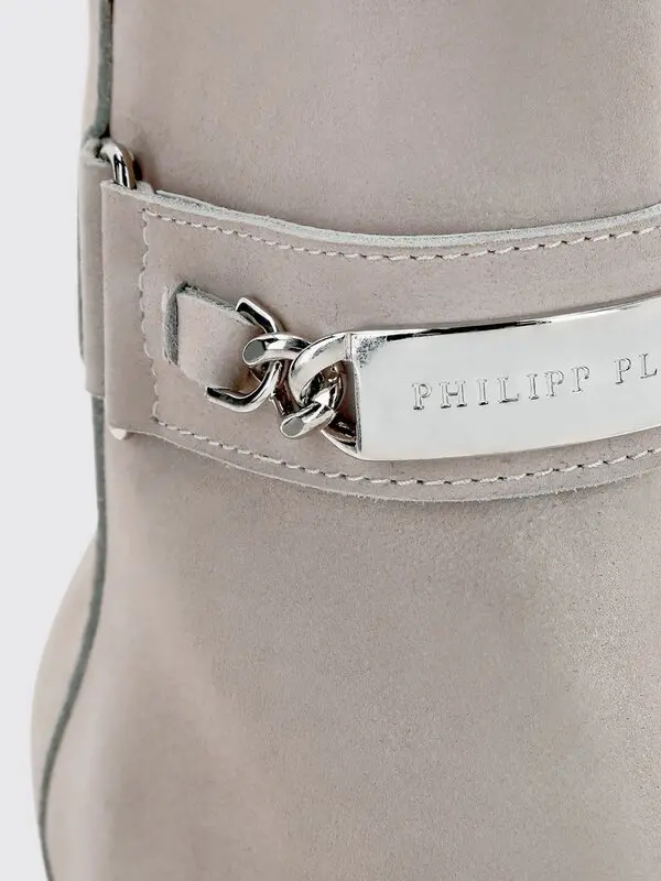 Philipp Plein Suede Ankle Boots With Side Zip Closure And Chain Detail - Beige