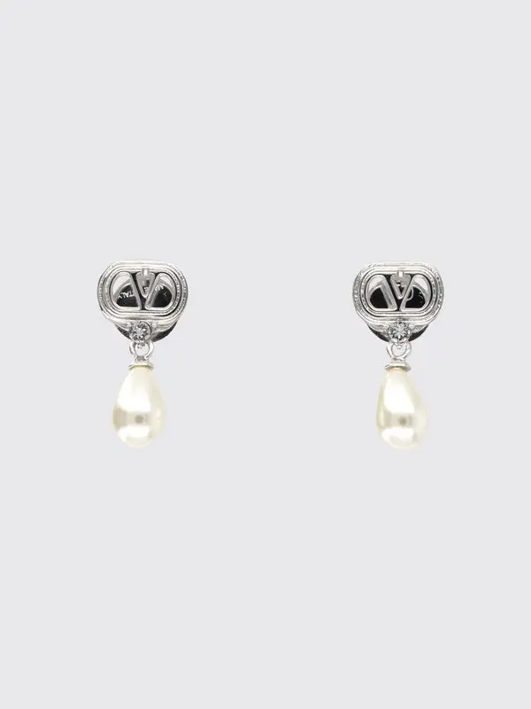 Valentino Garavani Ovalette Pendant Earrings With Vlogo And Faux Pearl - Silver