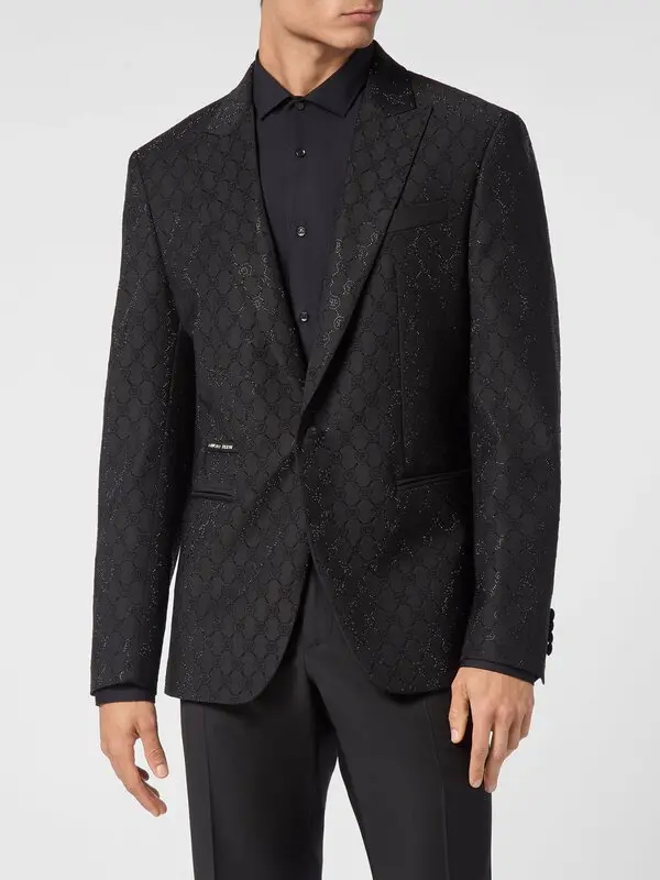 Philipp Plein Monogram Slim Fit Wool-blend Blazer With Hexagon Logo