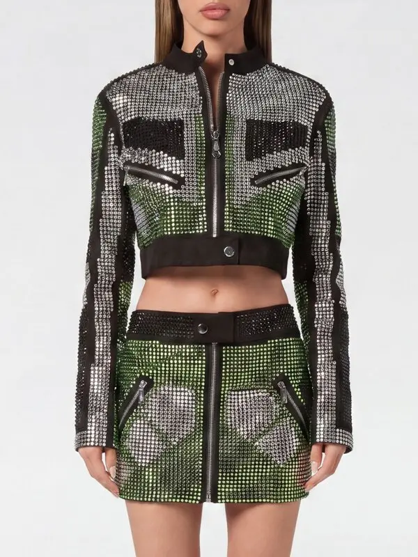 Philipp Plein Cropped Suede Biker Jacket With Rhinestone Embellishments - Green