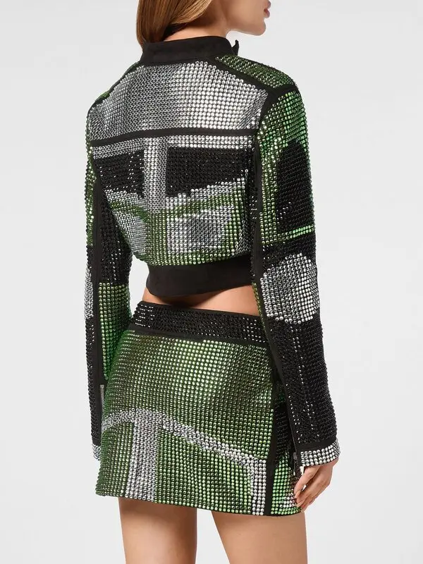 Philipp Plein Cropped Suede Biker Jacket With Rhinestone Embellishments - Green