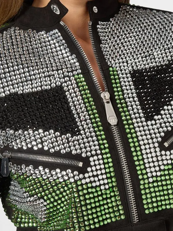 Philipp Plein Cropped Suede Biker Jacket With Rhinestone Embellishments - Green