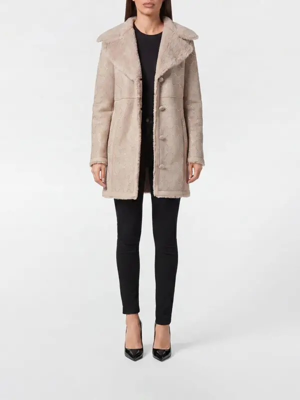 Philipp Plein Single-breasted Shearling Coat With Rhinestone Hexagon Logo - Beige