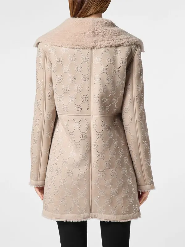 Philipp Plein Single-breasted Shearling Coat With Rhinestone Hexagon Logo - Beige