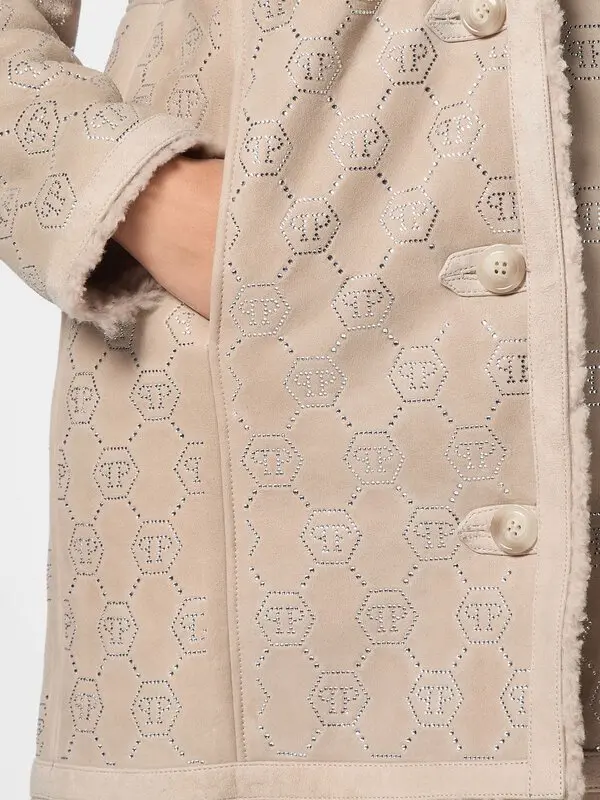 Philipp Plein Single-breasted Shearling Coat With Rhinestone Hexagon Logo - Beige