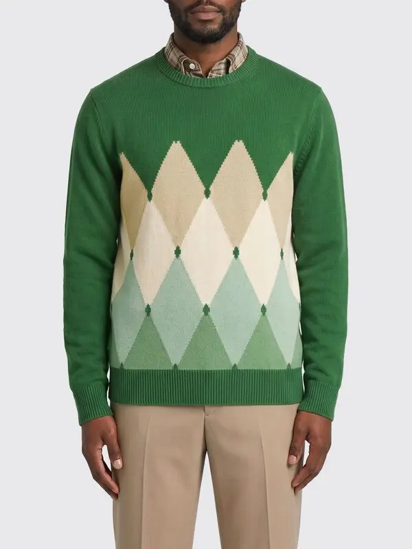 BALLANTYNE Argyle Cotton And Cashmere Blend Crew Neck Sweater With Slim Fit - Green