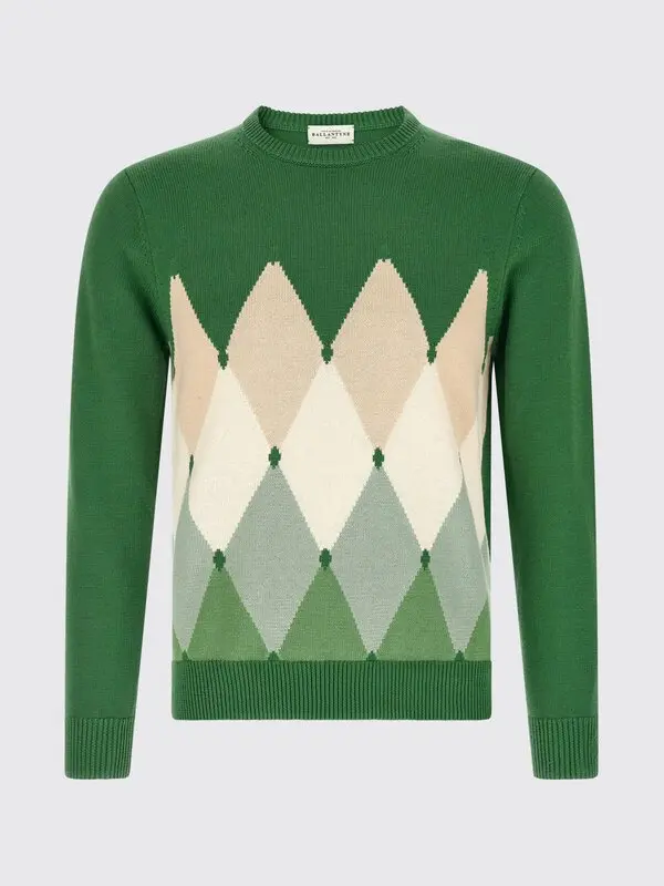 BALLANTYNE Argyle Cotton And Cashmere Blend Crew Neck Sweater With Slim Fit - Green