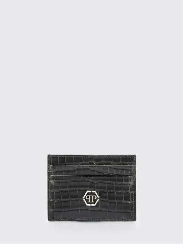 Philipp Plein Calfskin Card Holder With Crocodile Print And Hexagon Logo - Black