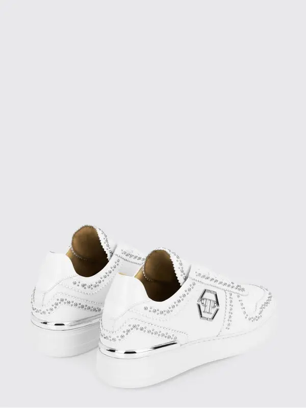 Philipp Plein Brushed Leather Low-top Sneakers With Embroidered Monogram - White