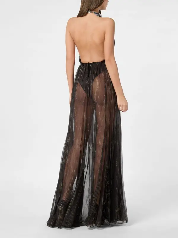 Philipp Plein Long Chiffon Evening Gown With A Halter Neck - Black