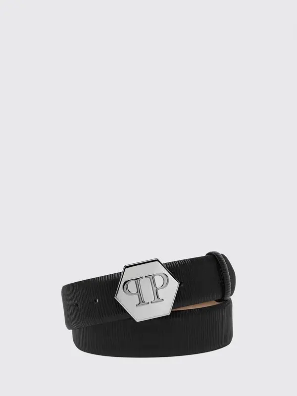 Philipp Plein Calfskin Leather Belt With Hexagon Monogram Buckle - Black