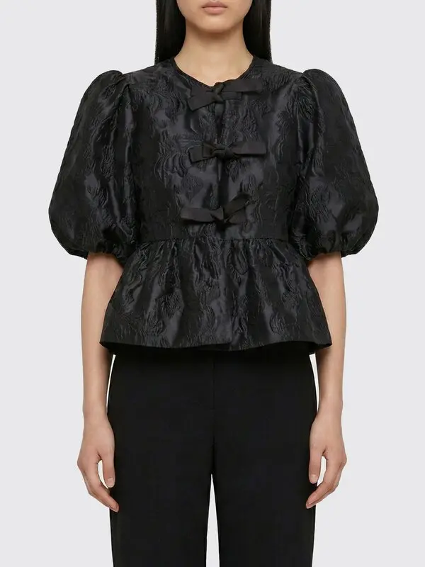 GANNI Jacquard Bow Detail Puff Sleeve Peplum Top - Black