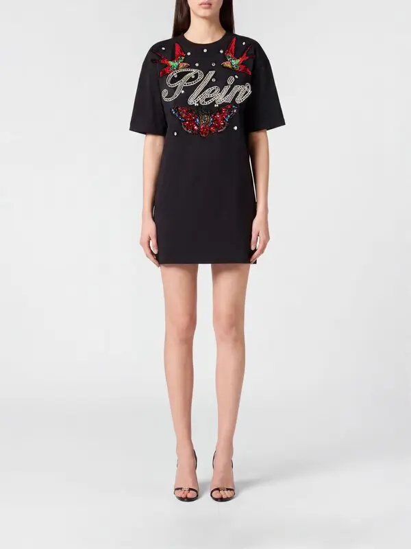 Philipp Plein Rhinestone Logo U-back Sheath Mini Dress