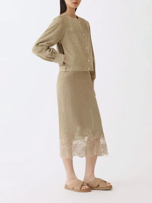 Fabiana Filippi Perforated Suede Midi Skirt With Lace Inserts - Kaki