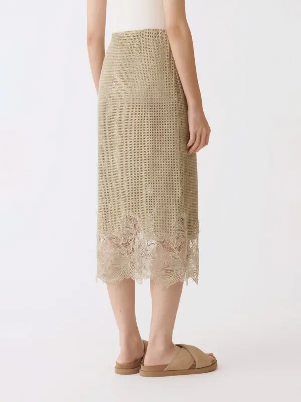 Fabiana Filippi Perforated Suede Midi Skirt With Lace Inserts - Kaki