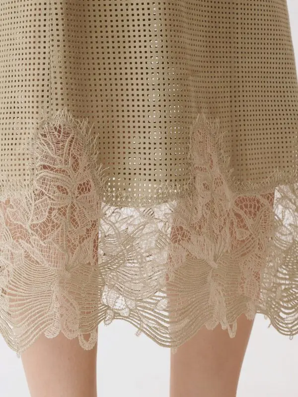 Fabiana Filippi Perforated Suede Midi Skirt With Lace Inserts - Kaki