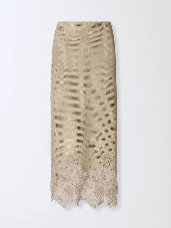 Fabiana Filippi Perforated Suede Midi Skirt With Lace Inserts - Kaki