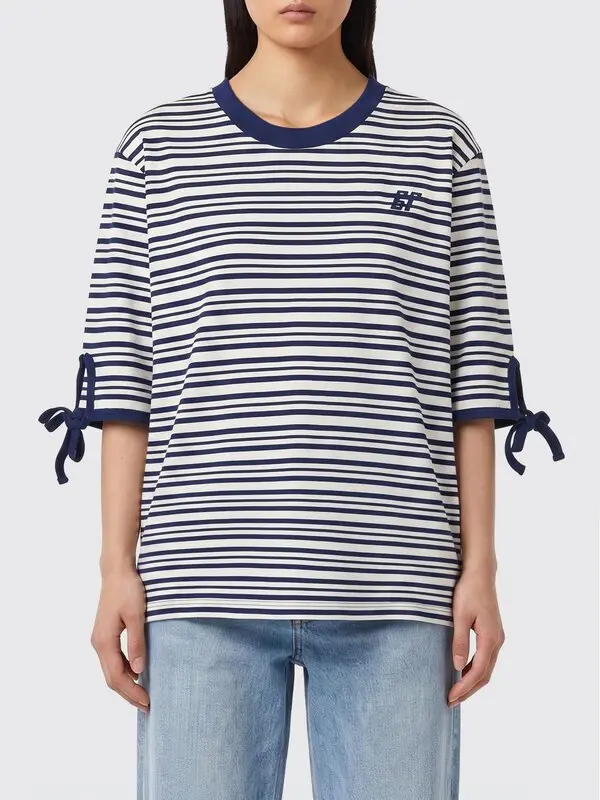 Baum Und Pferdgarten Striped Cotton T-shirt With Embroidered Logo And Tie Detail Sleeves