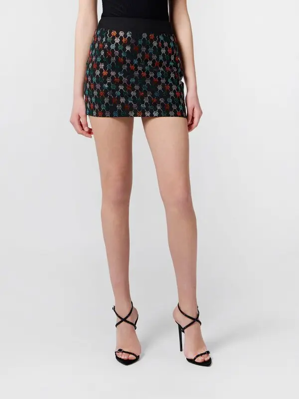 Philipp Plein Wool Pencil Mini Skirt With Rhinestone Hexagon Logo