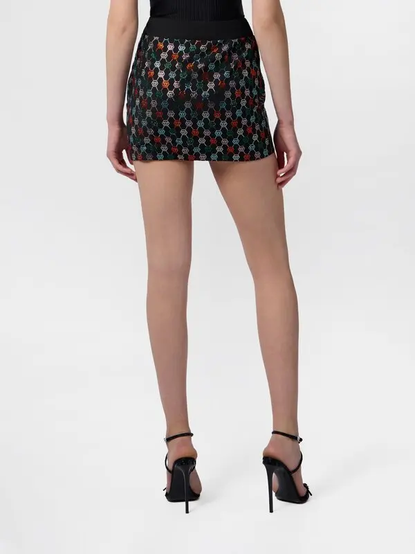 Philipp Plein Wool Pencil Mini Skirt With Rhinestone Hexagon Logo
