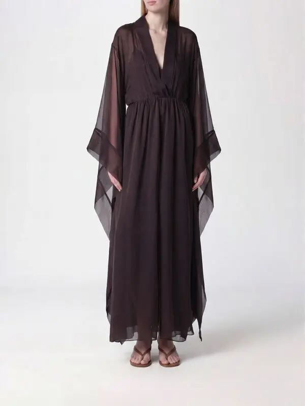 Alberta Ferretti Long Silk V-neck Wide Sleeve Caftan