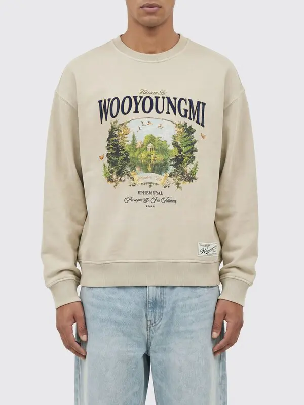 WOOYOUNGMI Graphic And Contrast Logo Cotton Crewneck Sweatshirt - Beige