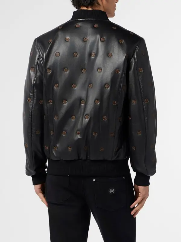 Philipp Plein Leather Bomber Jacket With All-over Logo