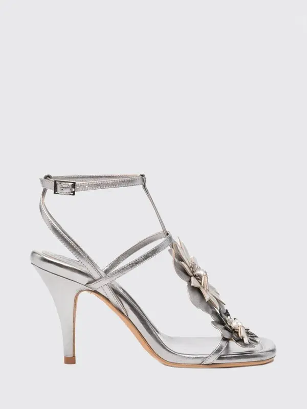 Zimmermann Belara Laminated Leather Sandal With Applied Flowers - Silver